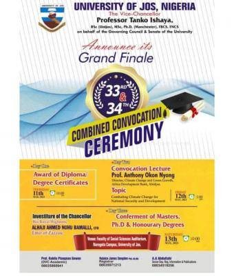 UNIJOS annouces 33rd & 34th Combined Convocation Ceremonies - Myschool