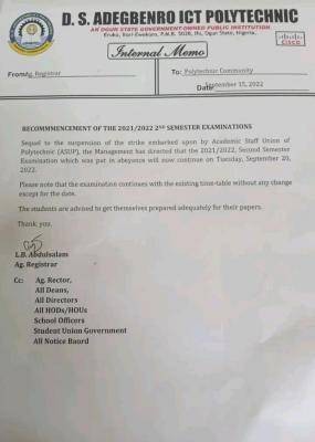 D.S Adegbenro ICT Polytechnic notice on commencement of 2nd semester ...
