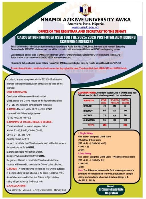 UNIZIK calculation formula for the admission screening exercise, 2025/ ...
