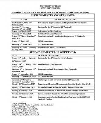 UNIBEN part-time academic calendar, 2024/2025 - Myschool
