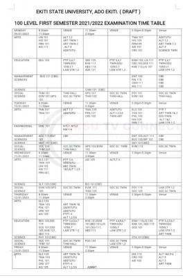 EKSU 100L 1st semester exam time table, 2021/2022 - Myschool