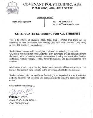 Covenant Polytechnic notice of certificate screening for all students ...