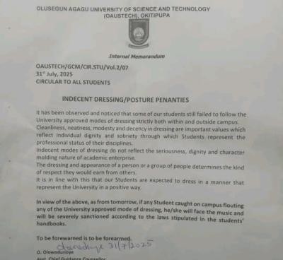 OAUSTECH warns against indecent dressing within the campus - Myschool