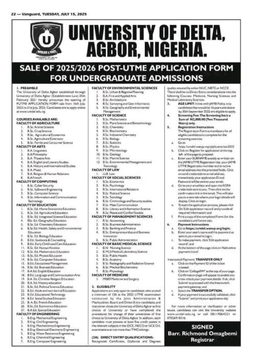 UNIDEL Post-UTME 2025: cut-off mark, eligibility and registration ...