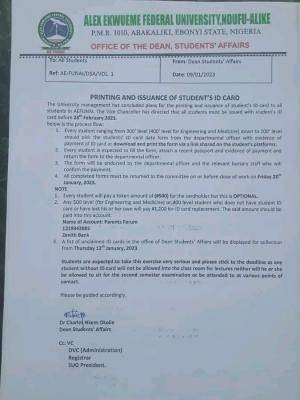 AE-FUNAI notice on printing and issuance of ID Card - Myschool