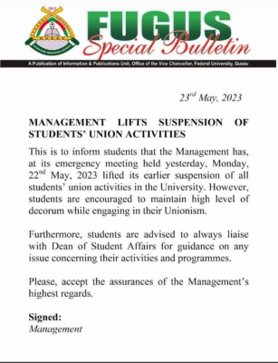 FUGUSAU management lifts suspension on Students' Union activities ...