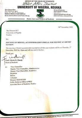 UNN notice to first year students on opening of accomodation portal ...