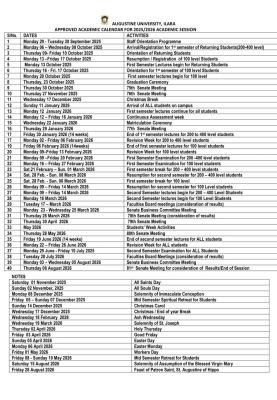 Augustine University approved academic calendar, 2025/2026 - Myschool