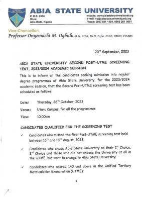 ABSU second Post UTME screening test, 2023/2024 - Myschool