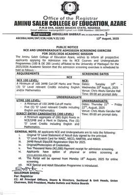 Aminu Saleh COE releases NCE & Degree admission form, 2025/2026 - Myschool