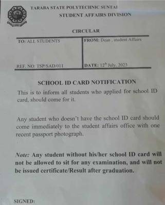 Taraba State Poly notice to students on collection of ID card - Myschool