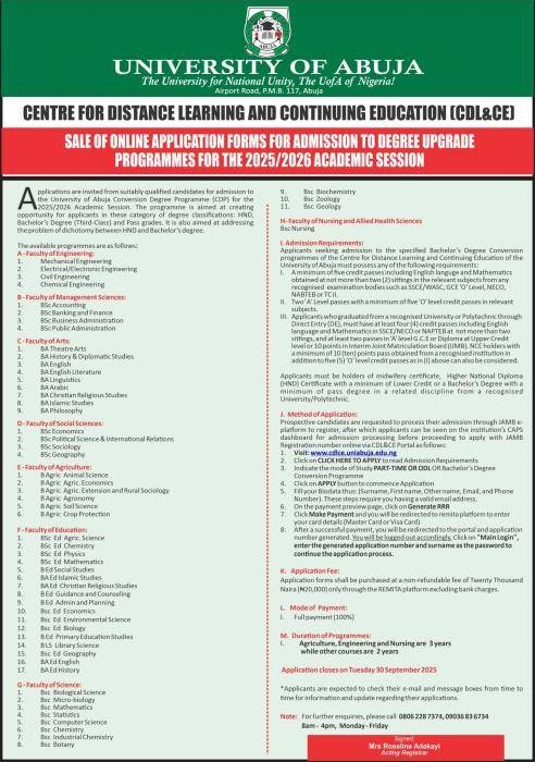 UNIABUJA degree upgrade admission, 2025/2026 - Myschool