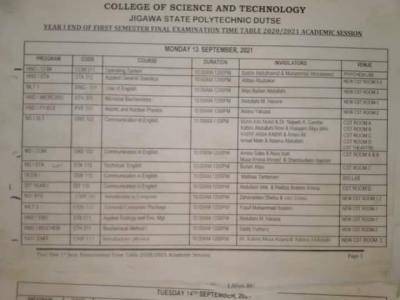 Jigawa Polytechnic 1st semester examination timetable, 2020/2021 - Myschool