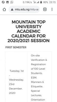 Mountain Top University academic calendar for 2020/2021 session - Myschool