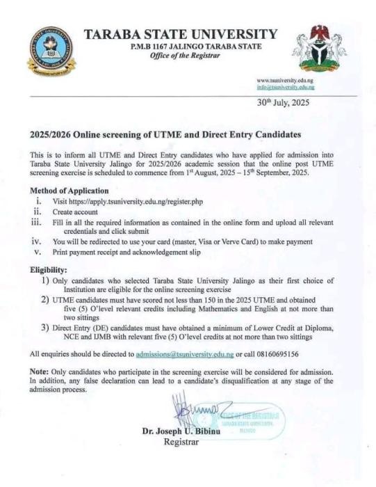 TASU Post-UTME/DE 2025: Cut-off mark, Eligibility and Registration ...