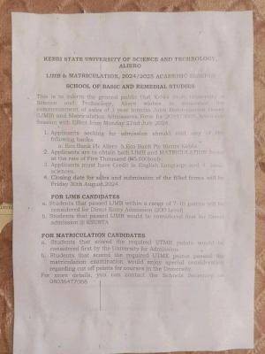 KSUSTA sales of IJMB & Matriculation form for 2024/2025 session - Myschool
