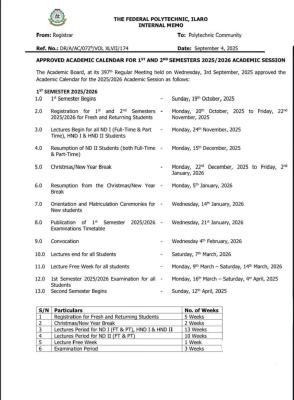 Federal Poly Ilaro approved academic calendar for 2025/2026 session ...