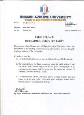 UNIZIK disclaimer notice on inappropriate party by purported students ...