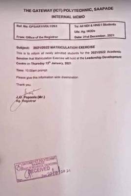 Gateway Polytechnic matriculation exercise, 2021/2022 - Myschool