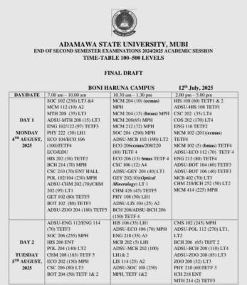 ADSU releases second semester exam timetable, 2024/2025 - Myschool