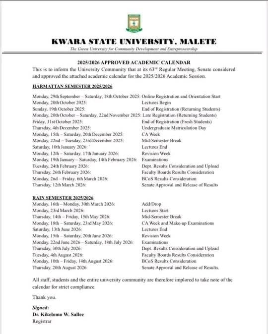 KWASU approved academic calendar for 2025/2026 session - Myschool