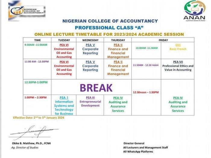 Nigerian College of Accountacy online lecture timetable, 2023/2024 ...