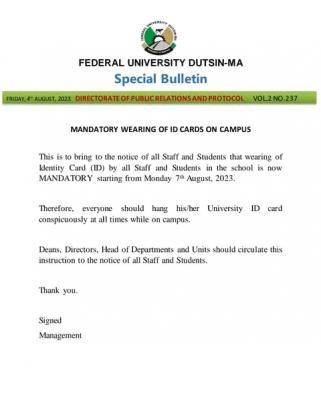 FUDUTSIN-MA notice on mandatory use of ID Card on Campus - Myschool