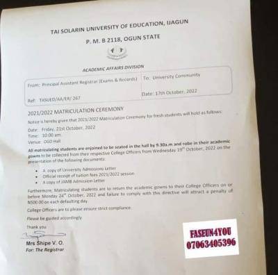 TASUED notice on matriculation ceremony, 2021/2022 - Myschool