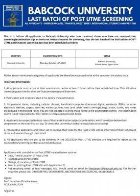 Babcock University last batch of Post UTME screening exercise, 2023/ ...