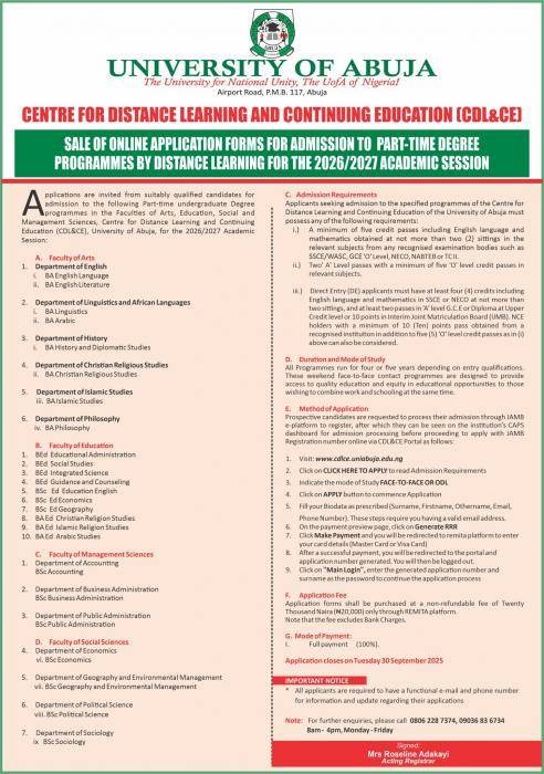 UNIABUJA part-time degree admission, 2026/2027 session - Myschool