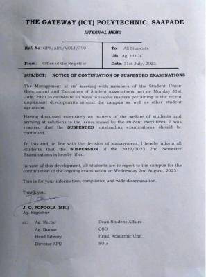 Gateway ICT Poly notice on continuation of suspended exams - Myschool