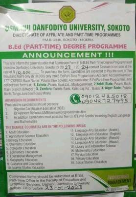 UDUS B.Ed Part-time Degree admission, 2023/2024 - Myschool