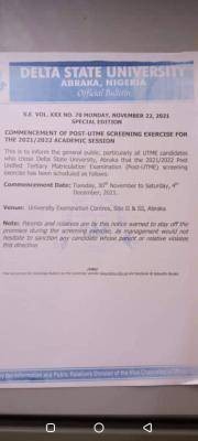 DELSU announces commencement of screening exercise for 2021/2022 ...