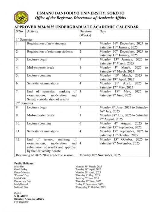 UDUSOK approved academic calendar for 2024/2025 session - Myschool