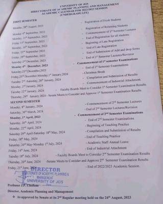 UNIJOS academic calendar for 2022/2023 session - Myschool