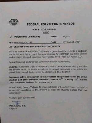 Fed Poly Nekede announces lectures free days for student's week - Myschool