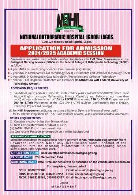 National Orthopedic Hosp. Igbobi, Lagos releases admission form, 2024/ ...