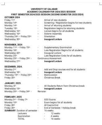 UNICAL academic calendar for 2nd semester 2023/2024 & 1st semester ...