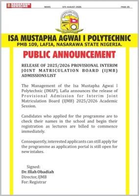 Isa Musa Agwai Poly releases IJMB Admission list, 2025/2026 - Myschool