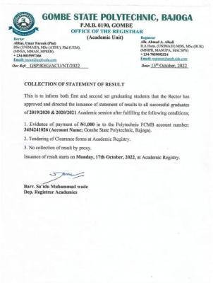 GSU notice on collection of statement of results - Myschool