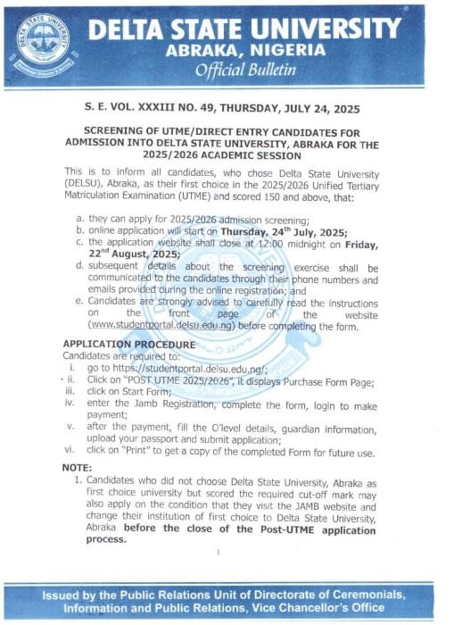 DELSU Post-UTME/DE 2025: Cut-off mark, Eligibility and Registration ...