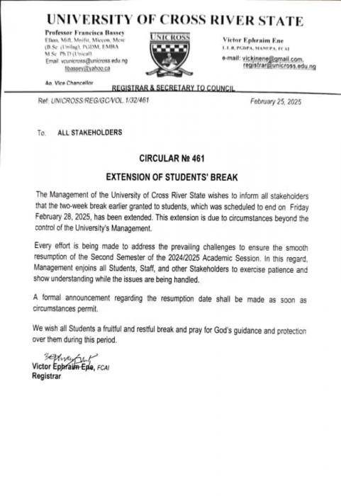 UNICROSS announces the extension of mid-semester break - Myschool