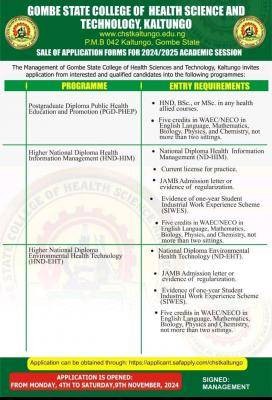 Gombe College of Health Tech PGD-PHEP, HND-HIM & HND-EHT form, 2024/ ...