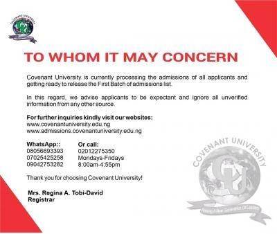 Covenant University notice to applicants of 2024/2025 session - Myschool