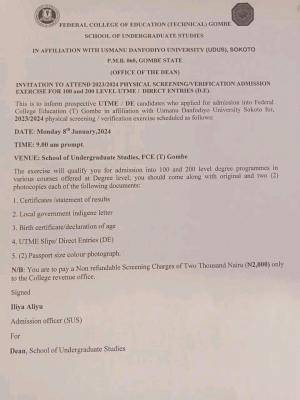 FCE Tech Gombe in affiliation with UDUS physical screening/verification ...