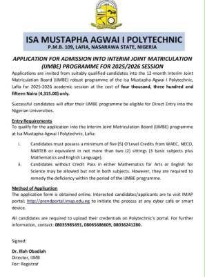 Isa Mustapha Agwai Polytechnic releases IJMB admission form, 2025/2026 ...