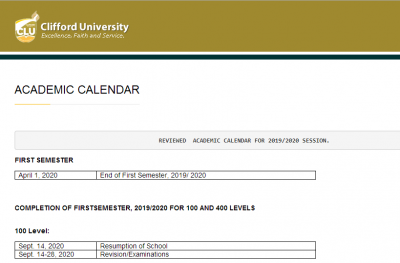 Clifford University revised academic calendar for 2019/2020 session ...