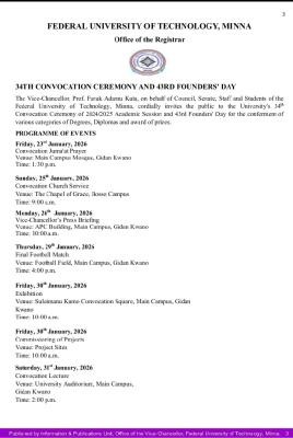 FUTMINNA announces 34th Convocation ceremony and 43rd founders' day ...