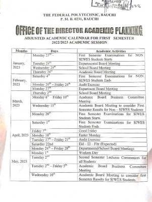 BAUCHIPOLY adjusted academic calendar, 2022/2023 - Myschool