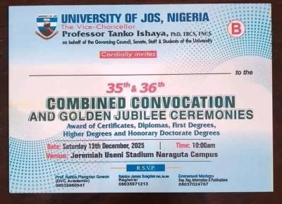 UNIJOS announces 35th and 36th combined convocation and golden jubilee ...